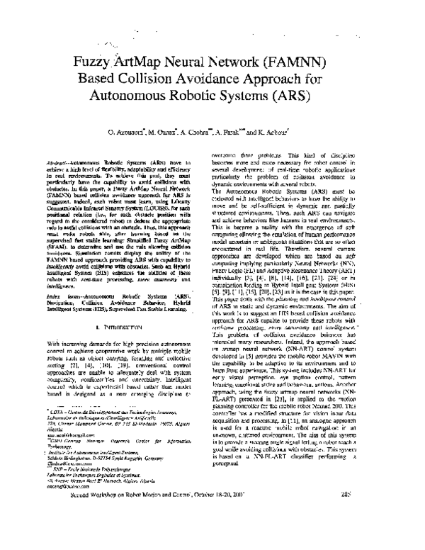 (PDF) Fuzzy ArtMap neural network (FAMNN) based collision avoidance approach for autonomous ...