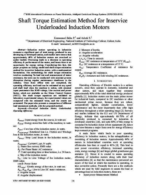 Pdf Shaft Torque Estimation Method For Inservice Underloaded Induction Motors