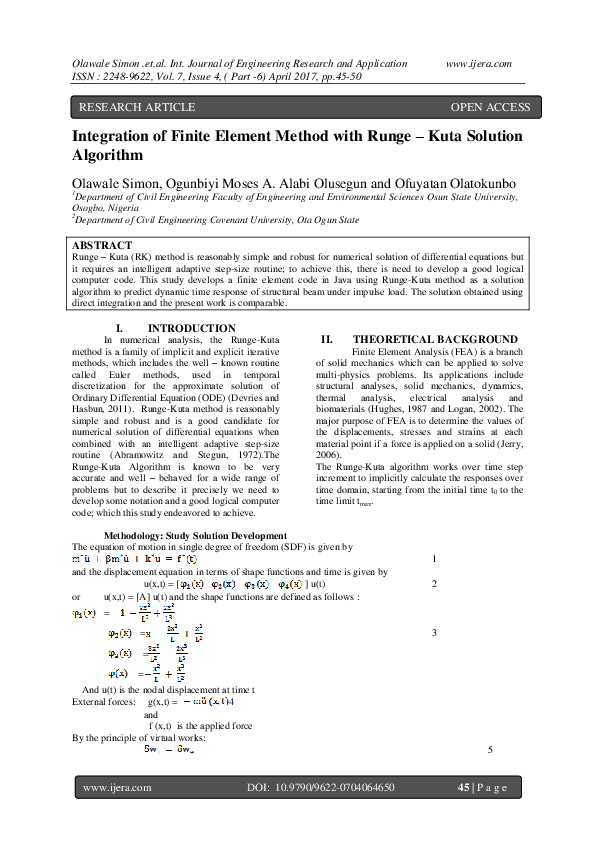 Pdf Integration Of Finite Element Method With Runge Kuta Solution Algorithm