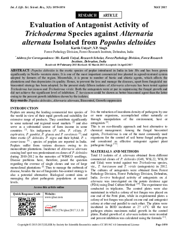 Pdf Evaluation Of Antagonist Activity Of Trichoderma Species Against Alternaria Alternata