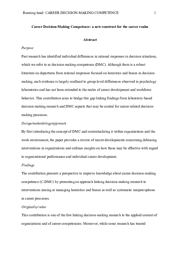 (PDF) The career decision-making competence: a new construct for the career realm
