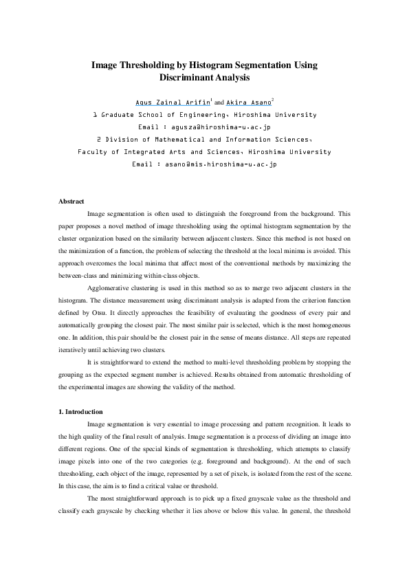 Pdf Image Thresholding By Histogram Segmentation Using Discriminant Analysis