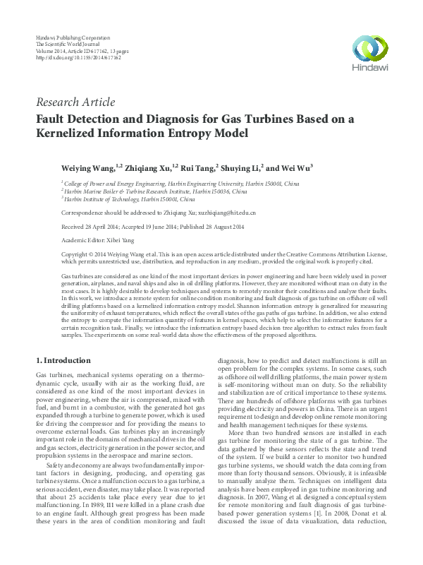 Pdf Fault Detection And Diagnosis For Gas Turbines Based On A