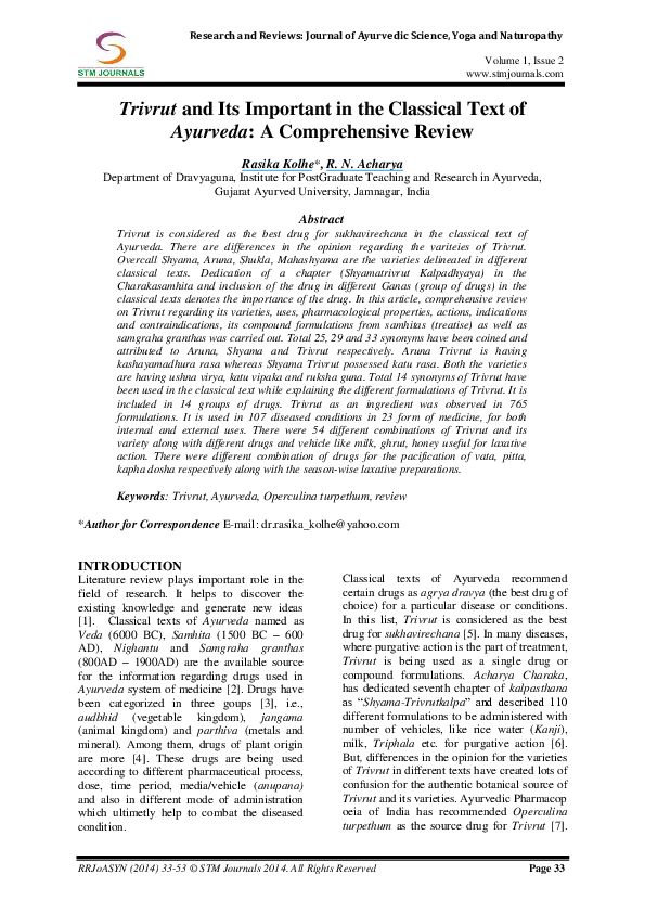 (PDF) Trivrut and Its Important in the Classical Text of Ayurveda: A ...