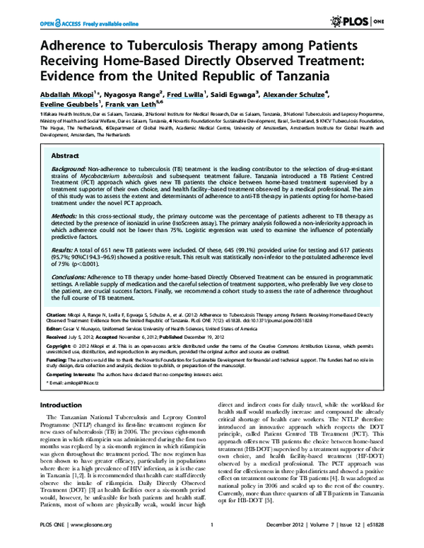 (PDF) Adherence to Tuberculosis Therapy among Patients Receiving Home ...