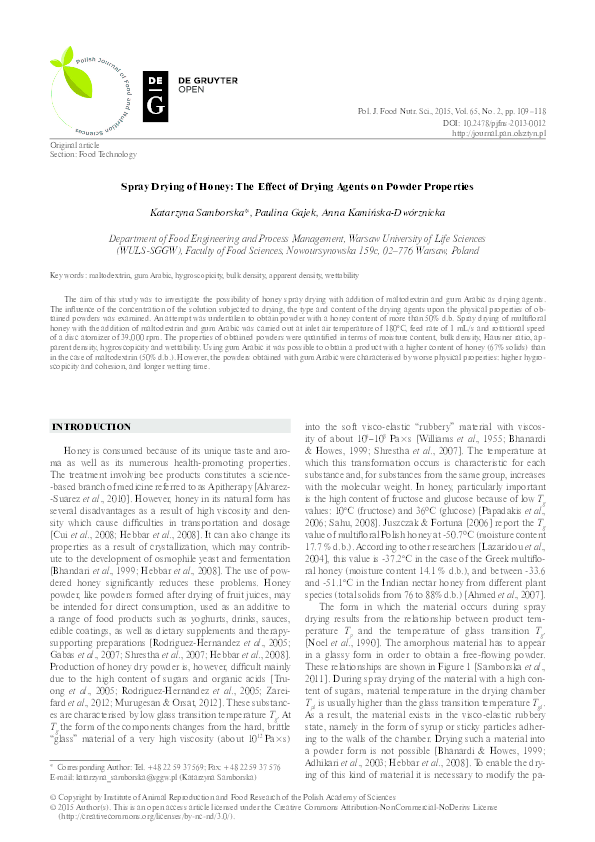 (PDF) PJFNS-Spray Drying of Honey The Effect of Drying Agents on Powder Properties