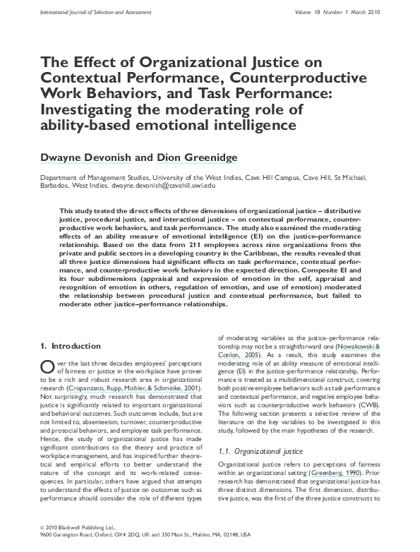 (PDF) The Effect of Organizational Justice on Contextual Performance, Counterproductive Work ...