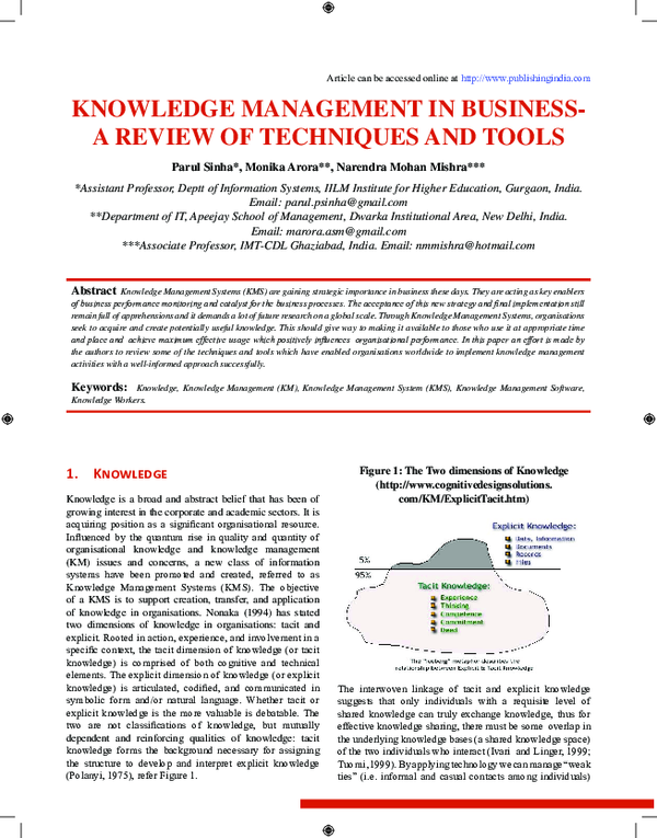 (PDF) Knowledge ManageMent in Business- a Review of techniques and tools
