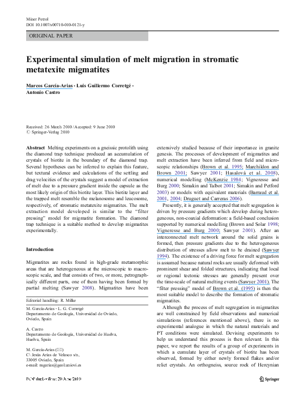 (PDF) Experimental simulation of melt migration in stromatic metatexite ...