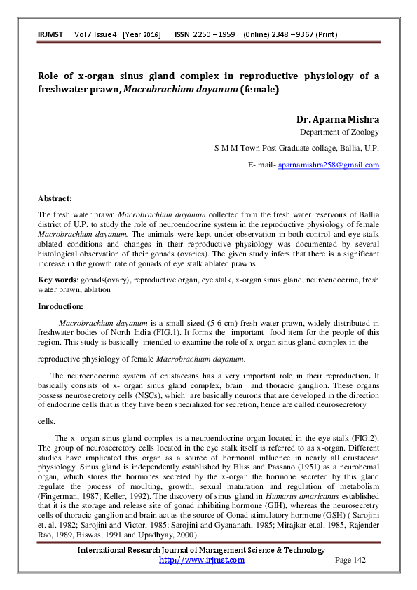 (PDF) Role of x-organ sinus gland complex in reproductive physiology of ...