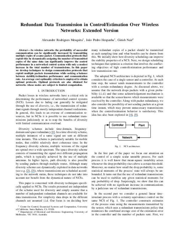 (PDF) Redundant data transmission in control/estimation over lossy networks