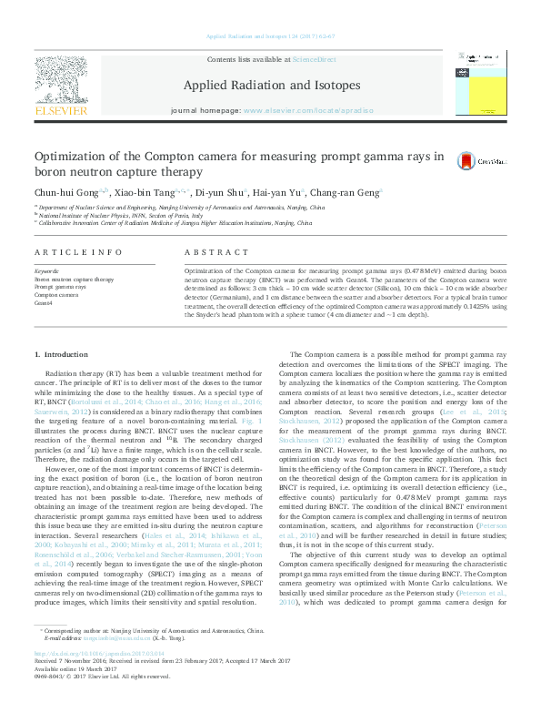 (PDF) Optimization of the Compton camera for measuring prompt gamma rays in boron neutron ...