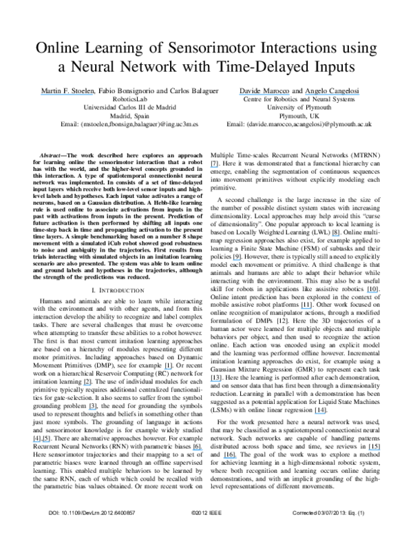 (PDF) Online learning of sensorimotor interactions using a neural network with time-delayed ...