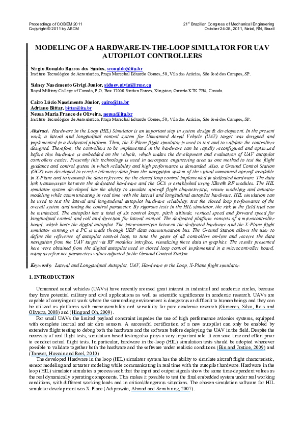 Pdf Modeling Of A Hardware In The Loop Simulator For Uav Autopilot Controllers Adriano