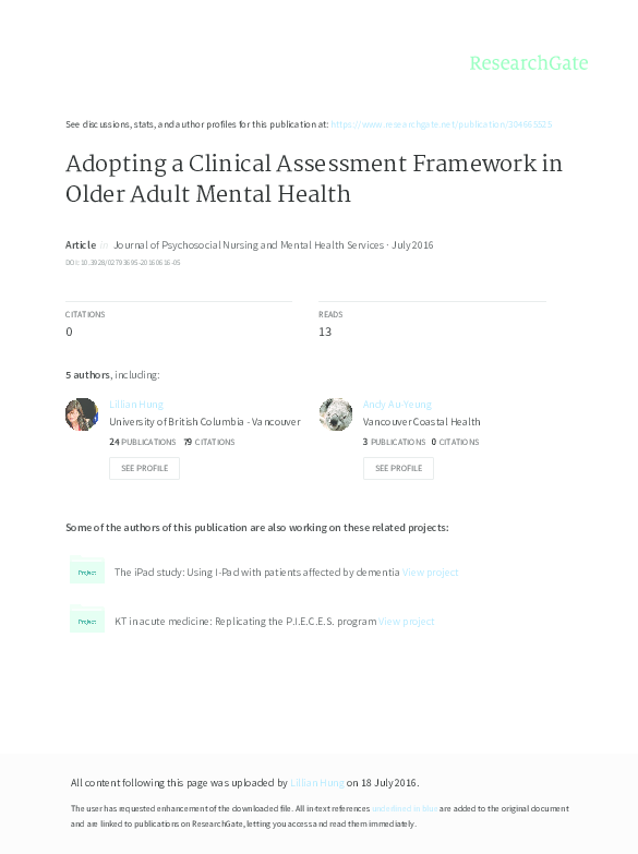 (PDF) Adopting a Clinical Assessment Framework in Older Adult Mental Health