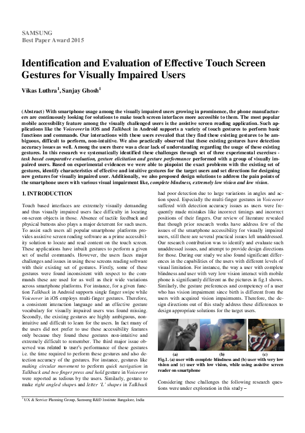 (PDF) Identifying and Evaluating Touch Screen Gestures for Visually Impaired