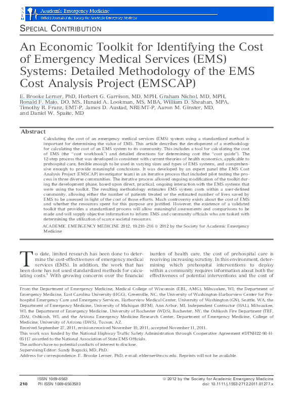 (PDF) An Economic Toolkit for Identifying the Cost of Emergency Medical ...