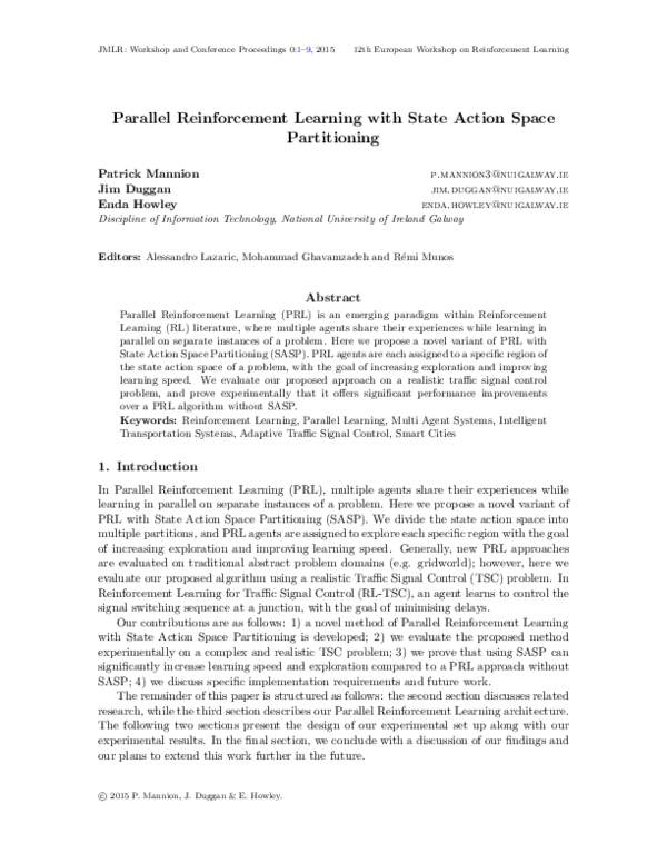 Pdf Parallel Reinforcement Learning With State Action Space Partitioning