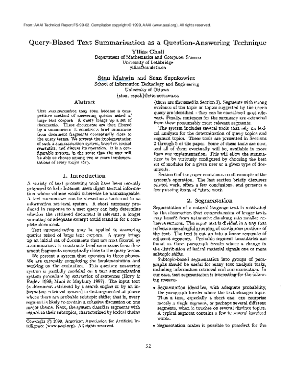 Pdf Query Biased Text Summarization As A Question Answering Technique
