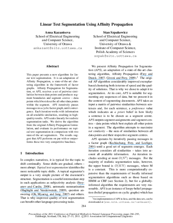 Pdf Affinity Propagation For Text Segmentation
