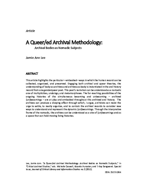 (PDF) A Queer/ed Archival Methodology: Archival Bodies as Nomadic Subjects