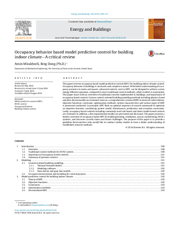 Pdf Occupancy Behavior Based Model Predictive Control For Building Indoor Climate—a Critical