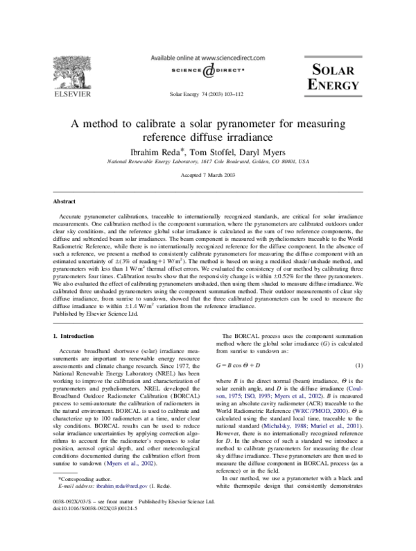(PDF) A method to calibrate a solar pyranometer for measuring reference diffuse irradiance