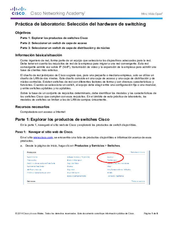 (DOC) Práctica de laboratorio: Selección del hardware de switching Objetivos Parte 1: Explorar ...