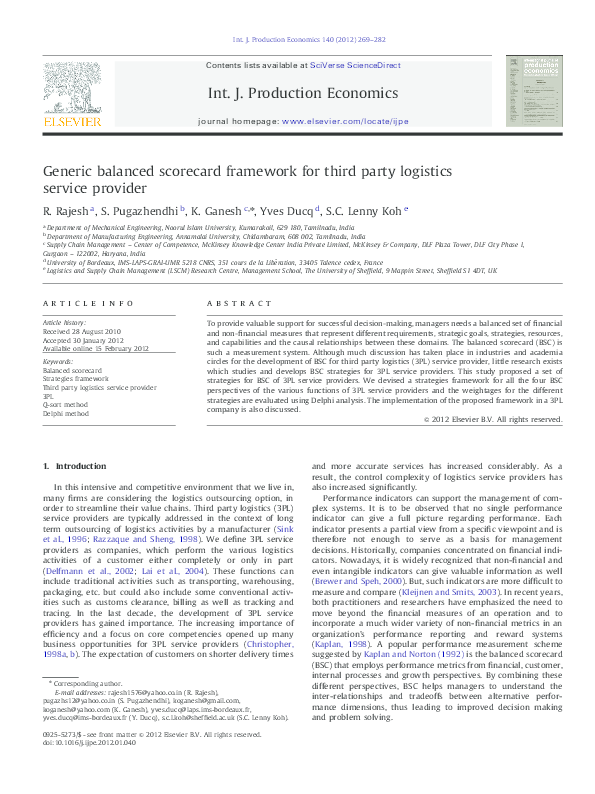 (PDF) Generic balanced scorecard framework for third party logistics ...