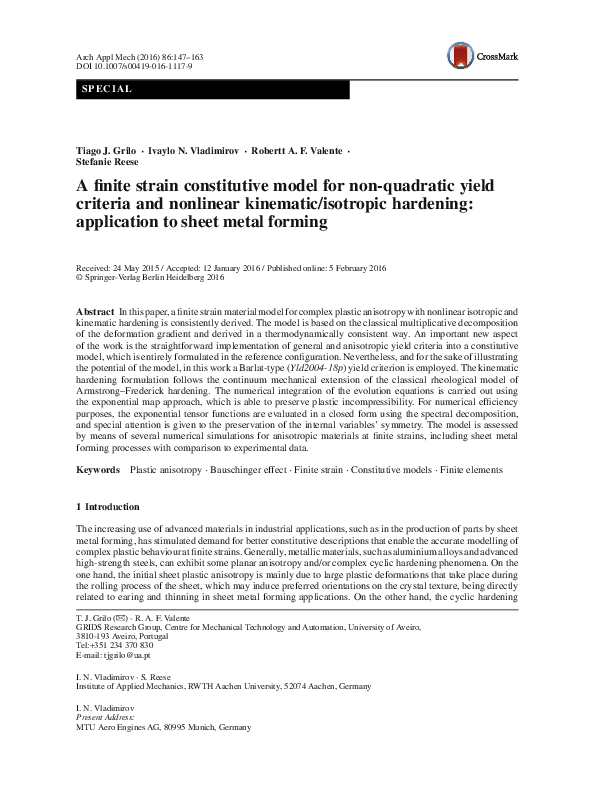 Pdf A Finite Strain Constitutive Model For Non Quadratic Yield Criteria And Nonlinear