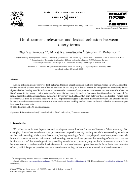 (PDF) On document relevance and lexical cohesion between query terms