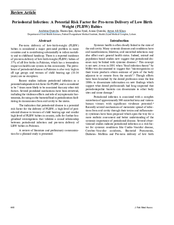 (PDF) Periodontal infection: a potential risk factor for pre-term ...