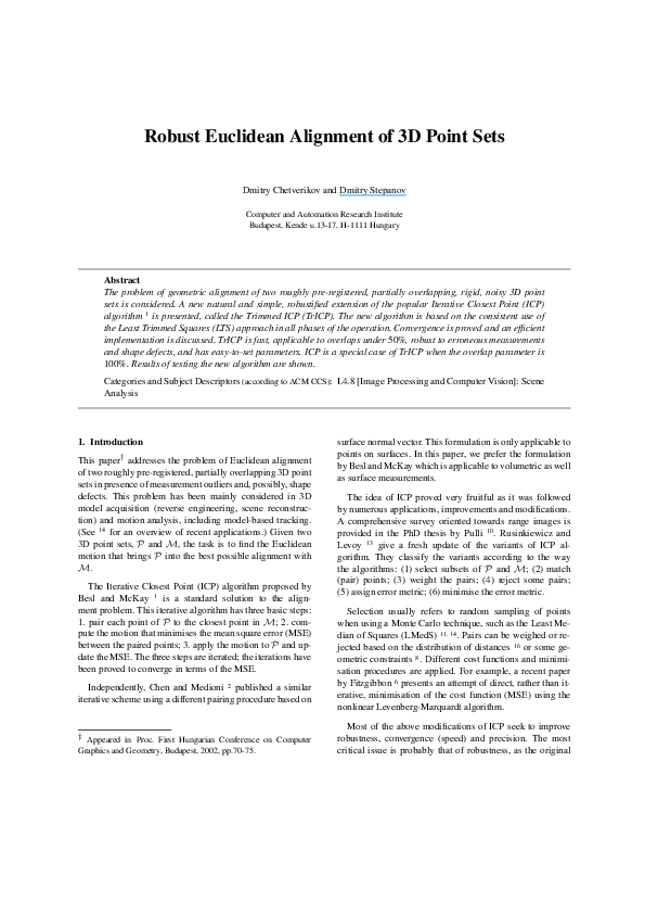 Pdf Robust Euclidean Alignment Of 3d Point Sets