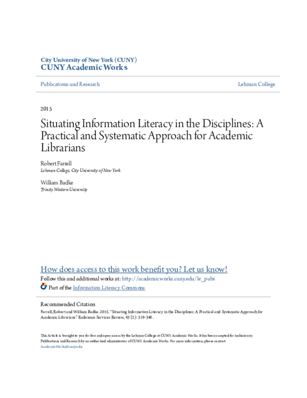 (PDF) Farrell, Robert and Badke, William. "Situating Information ...