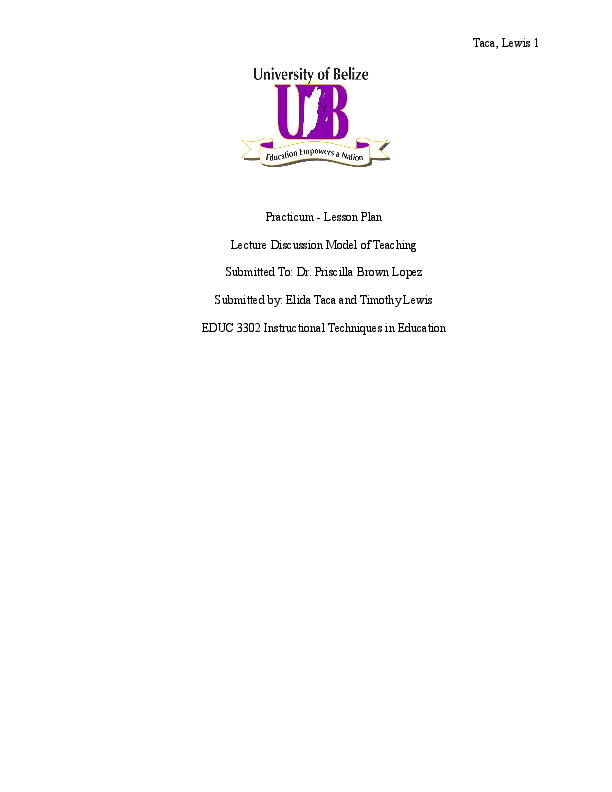 (DOC) Practicum -Lesson Plan Lecture Discussion Model of Teaching