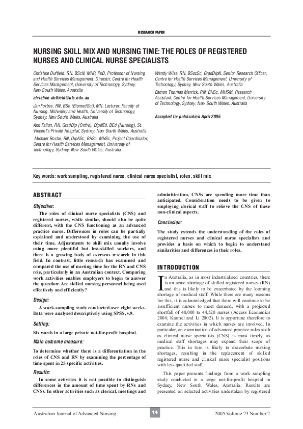 (PDF) Nursing skill mix and nursing time: the roles of registered ...