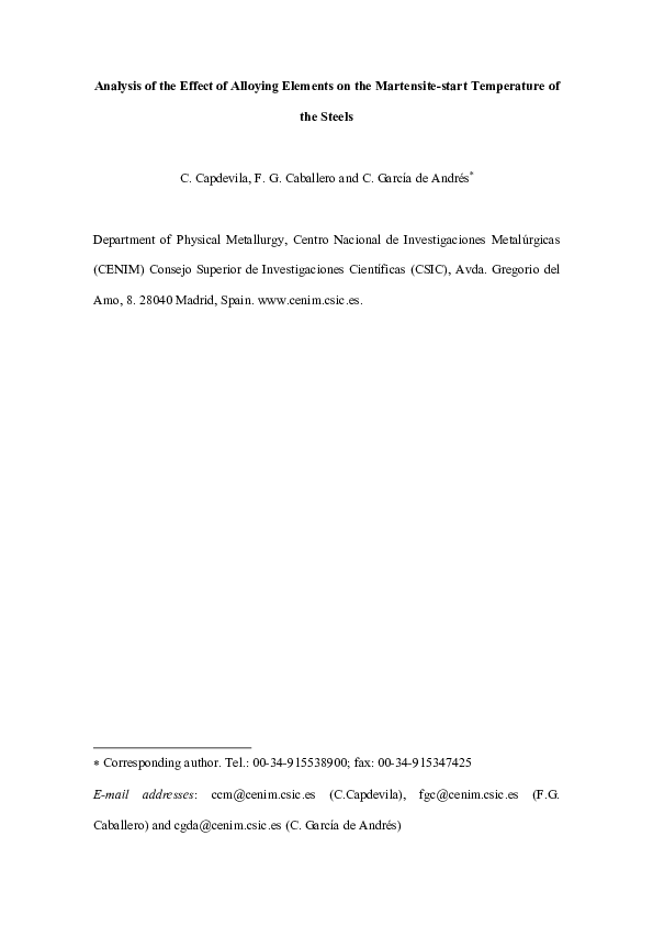 (PDF) Analysis of effect of alloying elements on martensite start temperature of steels