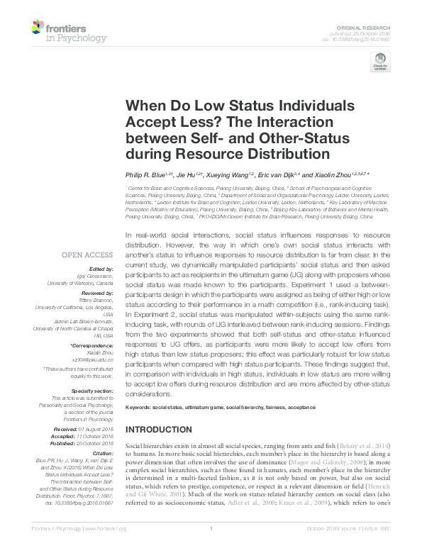 (PDF) When Do Low Status Individuals Accept Less? The Interaction ...