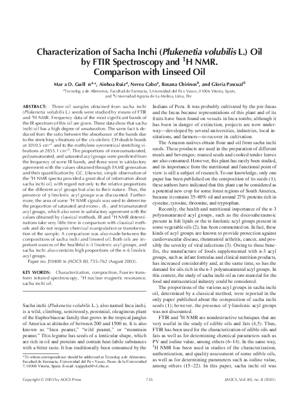 (PDF) Characterization of sacha inchi (Plukenetia volubilis L.) oil by ...