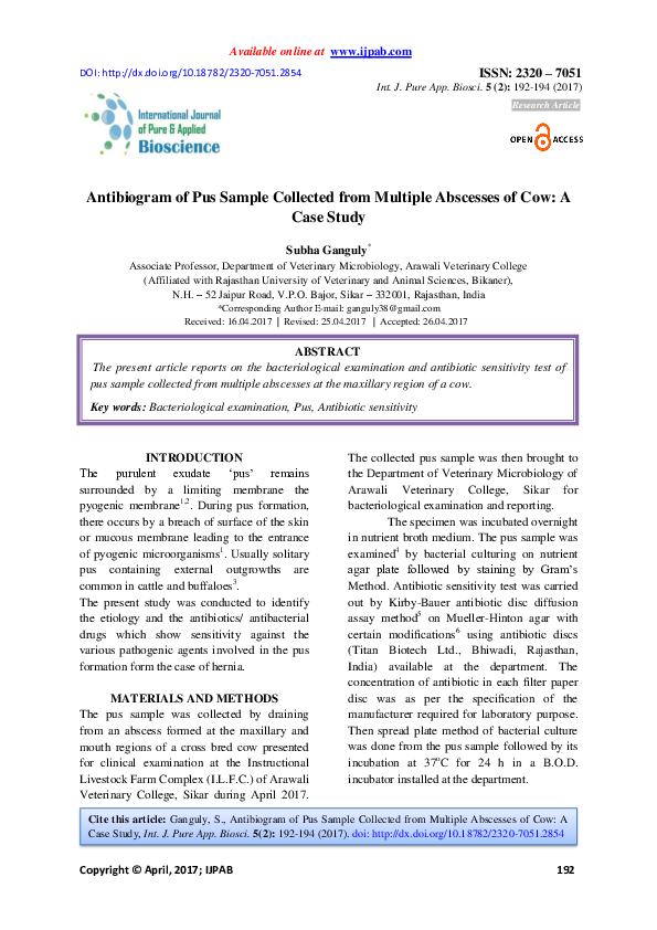 (PDF) Antibiogram of Pus Sample Collected from Multiple Abscesses of ...