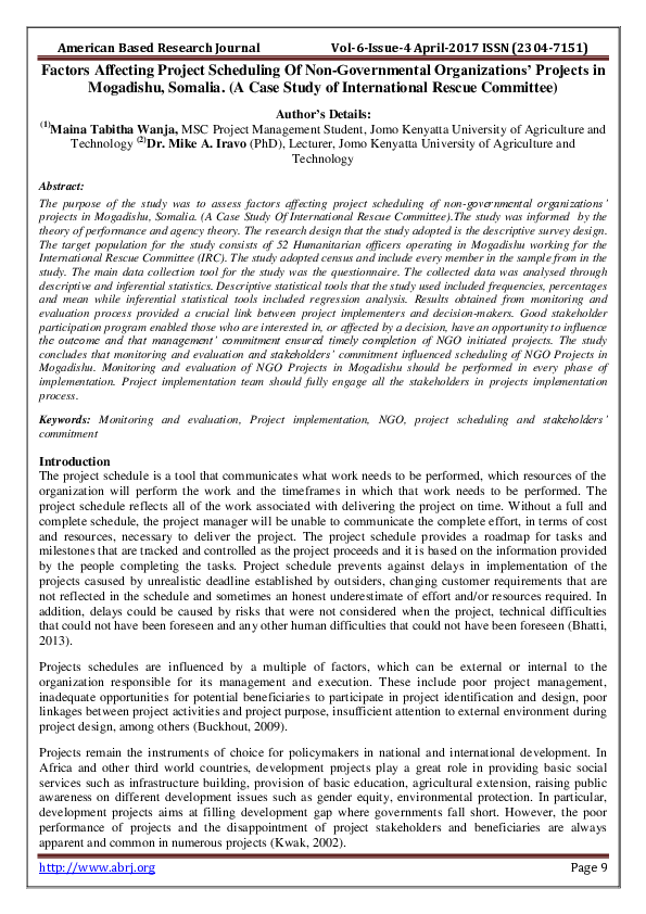 (PDF) Factors Affecting Project Scheduling Of Non-Governmental Organizations' Projects in ...