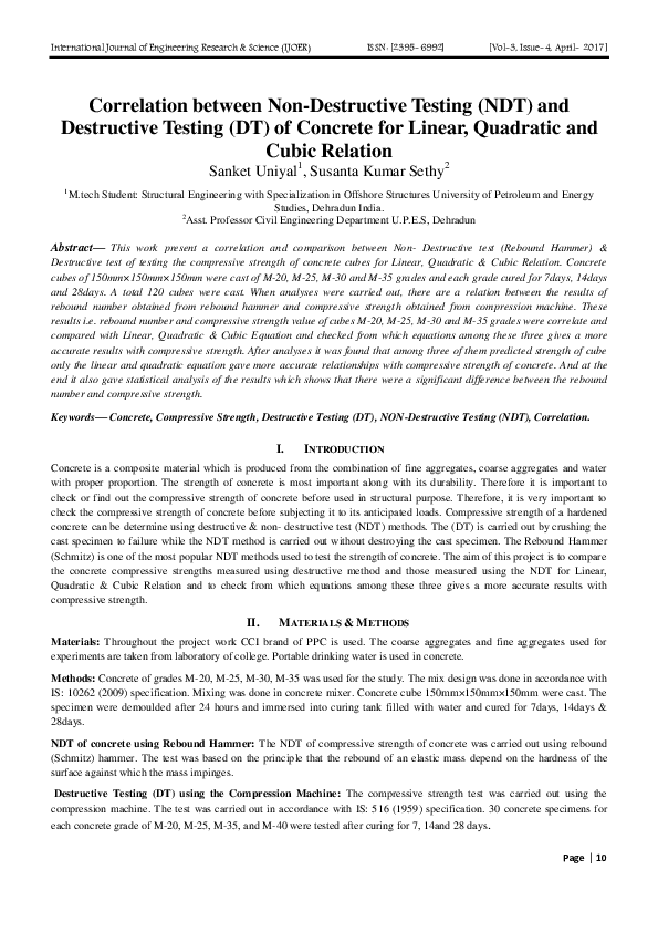 Pdf Correlation Between Non Destructive Testing Ndt And Destructive Testing Dt Of Concrete