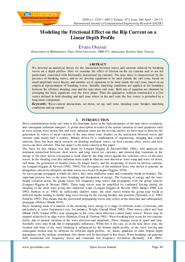 Pdf Modeling The Frictional Effect On The Rip Current On A Linear Depth Profile