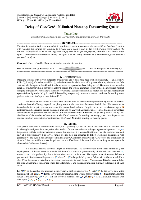 (PDF) Delay of Geo/Geo/1 N-limited Nonstop Forwarding Queue