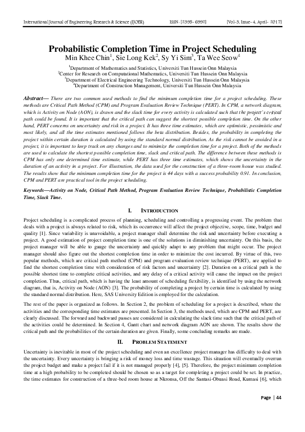 (PDF) Probabilistic Completion Time in Project Scheduling