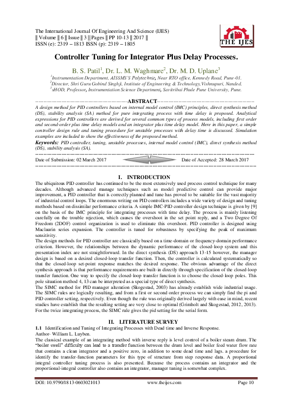 (PDF) Controller Tuning for Integrator Plus Delay Processes | The Ijes The Ijes - Academia.edu