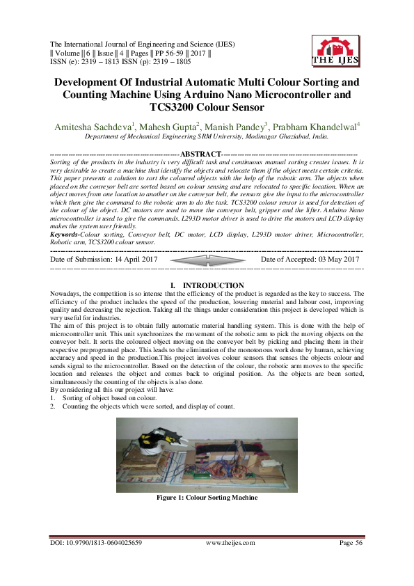 Pdf Development Of Industrial Automatic Multi Colour Sorting And Counting Machine Using