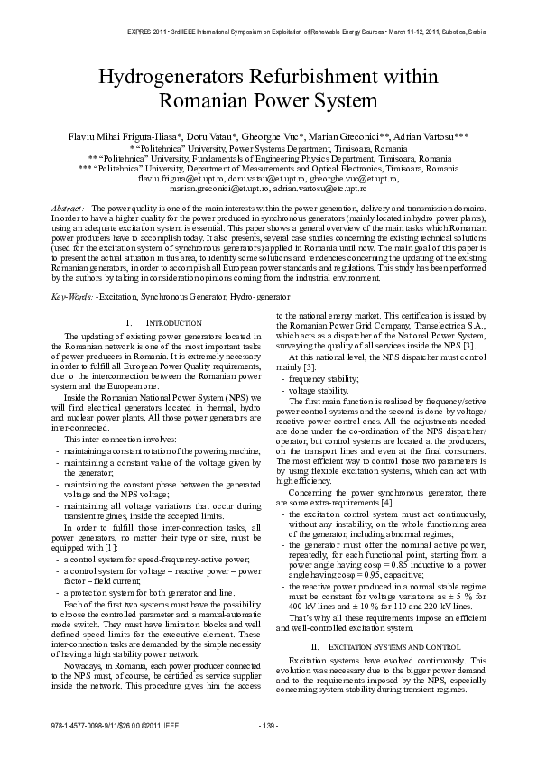 (PDF) Hydrogenerators refurbishment within Romanian power system