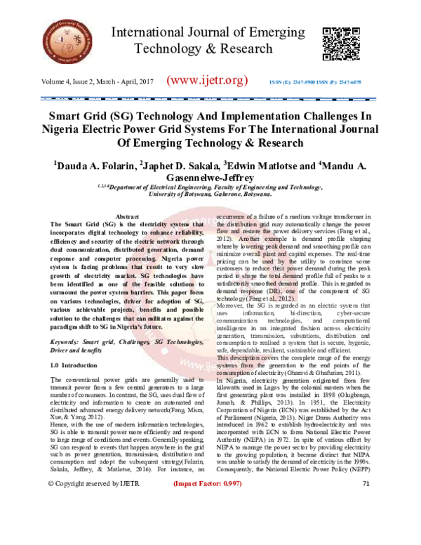 (PDF) Smart Grid (SG) Technology And Implementation Challenges In Nigeria Electric Power Grid ...