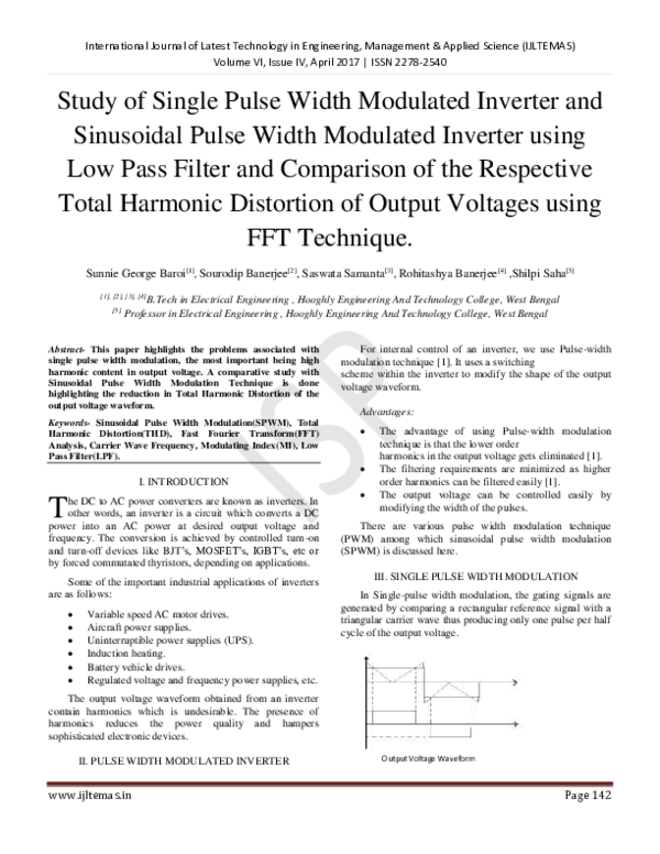 (PDF) Study of Single Pulse Width Modulated Inverter and Sinusoidal Pulse Width Modulated ...